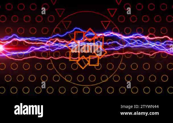 Digital animation of colorful lightning moving in the screen with circular and triangular ...