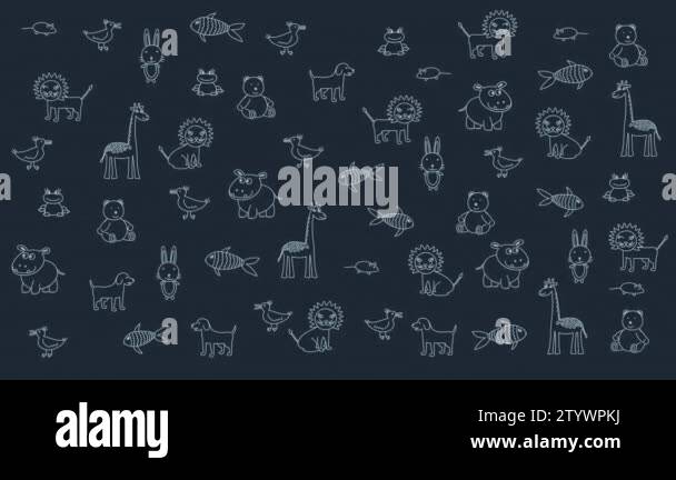 Animated doodle animals , kid dark background. Substrate for titles ...