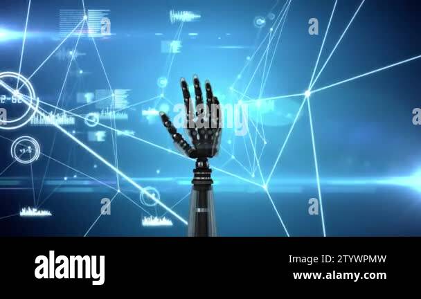 Digitally generated animation of robotic hand with palm opening and closing while rotating ...