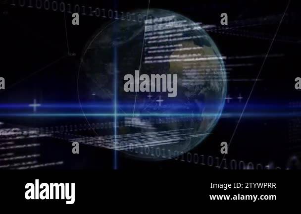 Digitally generated rotating earth while white glowing circle blinks from its center. Binary ...