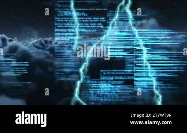 Digital animation of program codes and lightning moving with background of dark clouds Stock ...