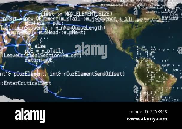 Digital animation of world map and interface codes in the foreground ...