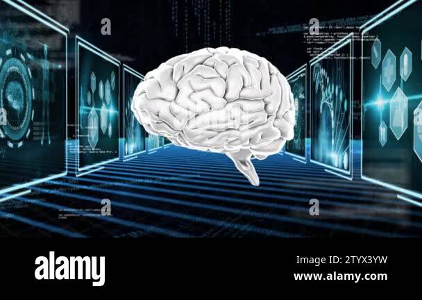 Digitally generated brain rotating while codes and information appears on screen and background ...