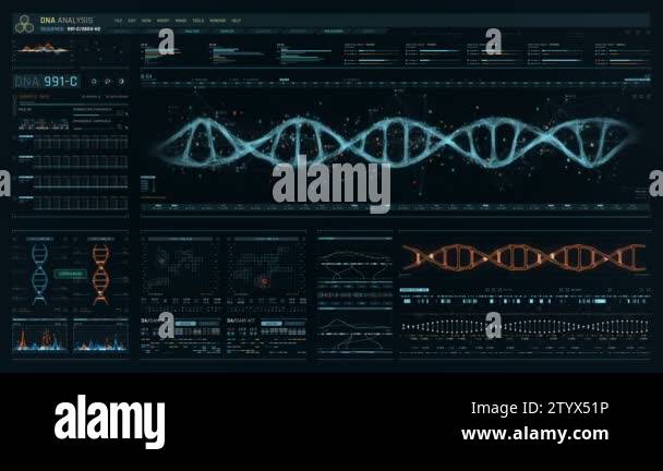 Detailed digital interface of futuristic DNA analysis process. Human ...