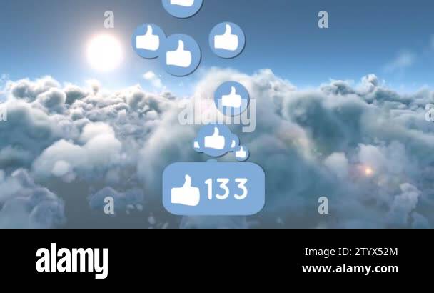 Animation of like icons and numbers in the bright sunny sky. The number ...