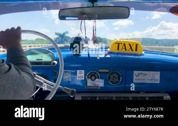 View from inside an old vintage classic American car, Havana, CUBA ...