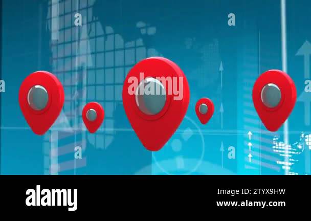 Digital animation of map pin in the screen with background of different ...