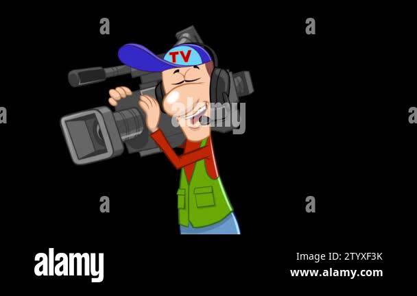 TV camera man. Looped cartoon animation of a camera man appearing and ...