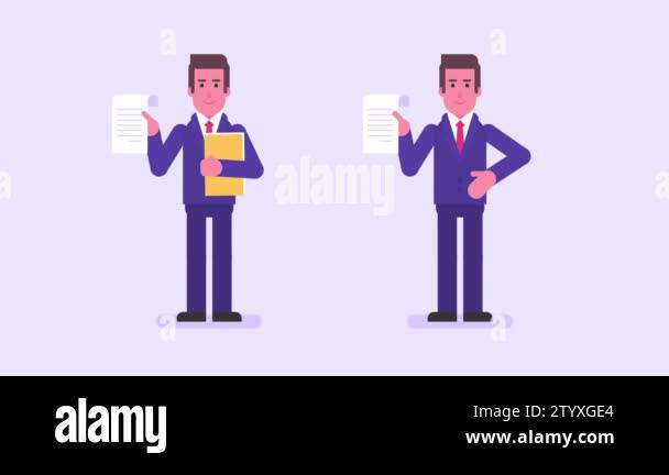 Businessman holds document folder points finger. Alpha channel. Loop ...