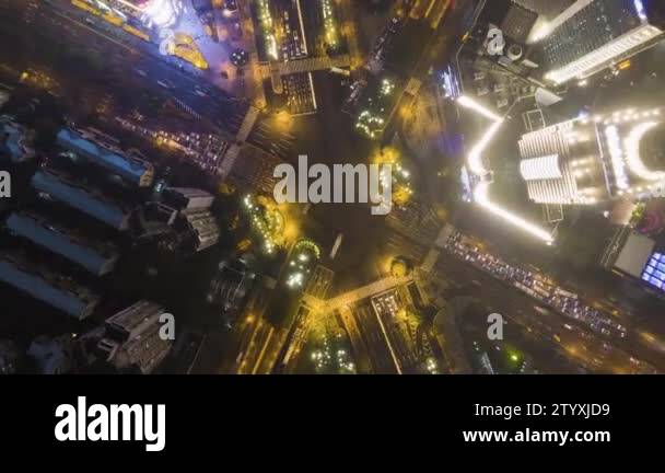 Complex Road Intersection in Shanghai, China at Night. Aerial Vertical ...