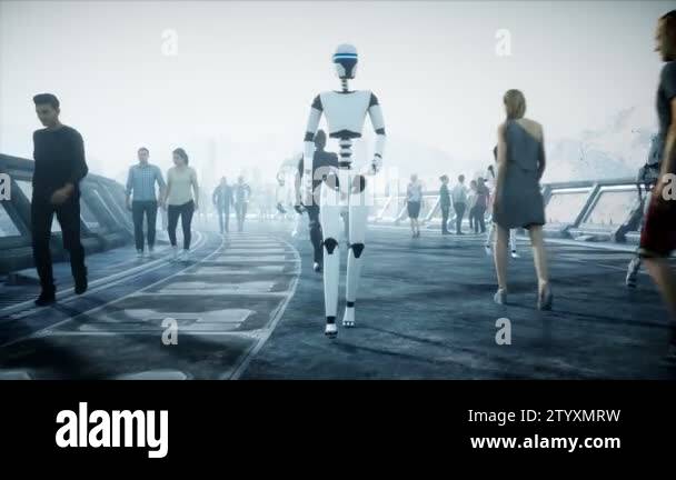 People and robots. Sci fi tonnel. Futuristic traffic. Concept of future ...