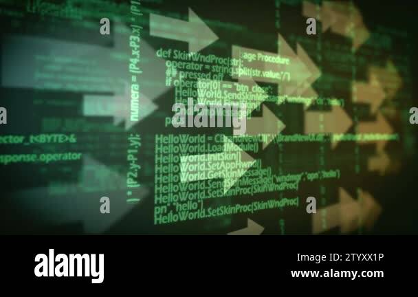 Digitally generated white arrows moving from left to right while background shows different ...