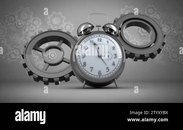 Digital animation of an alarm clock with gears and cogs running behind ...