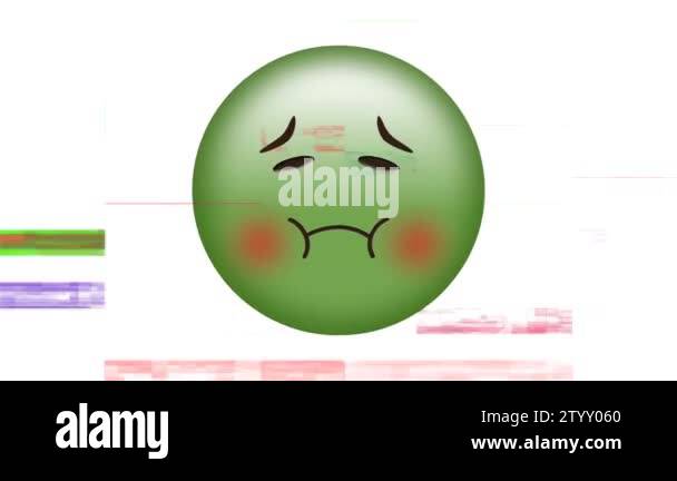 Digital animation of a nauseated green face emoji with flickering bars ...