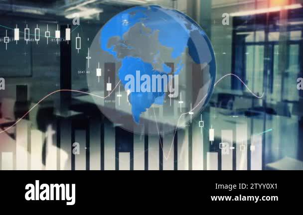 Digital animation of a rotating 3d world with moving bar and line ...