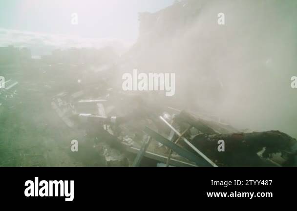 open demolition site of ruined hockey arena in dust cloud Stock Video ...