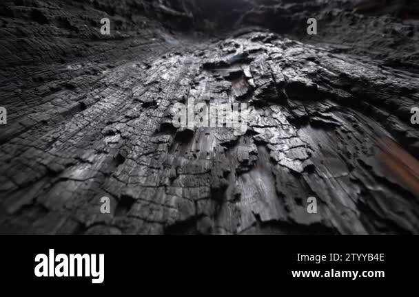 Burnt tree bark. Camera moves along charred sequoia tree in sequoia ...
