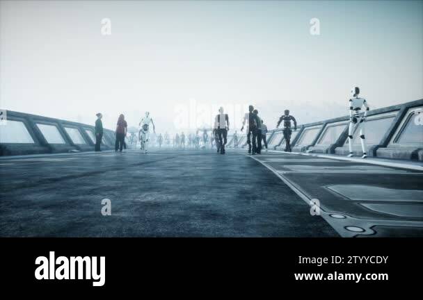 People and robots. Sci fi tonnel. Futuristic traffic. Concept of future ...