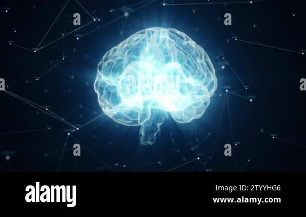 The human brain rotates formed of luminous particles. Plexus structure ...