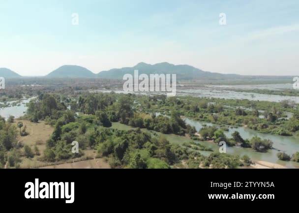 Aerial: flying over Don Det and the 4003 islands Mekong River in Laos ...