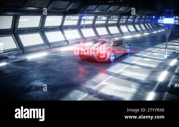 futuristic car in sci fi tunnel, coridor. Concept of future. Realistic ...