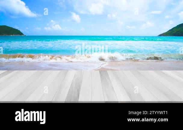 Beach sea- Wooden terrace texture perspective on beach sea sunset. UHD ...