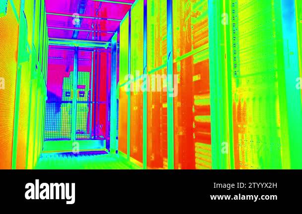 Thermal video with a thermal camera in a data center from a cold aisle with server racks Stock ...