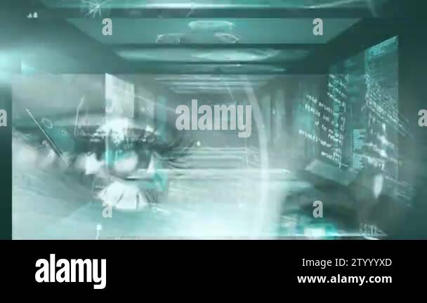 Animation of screens with human eye, CCTV camera, digital data ...