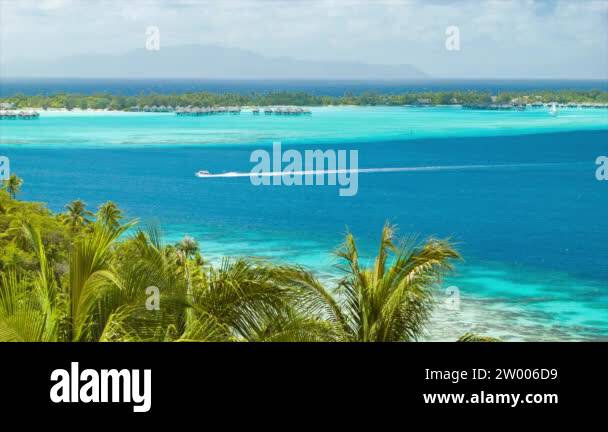 Bora Bora Tropical Wide Lagoon Scene with Over Water Bungalows on ...