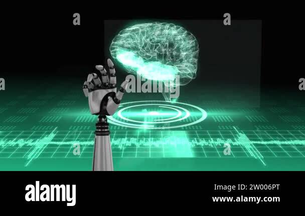 Digital animation of robot arm with digital brain behind it. The brain ...