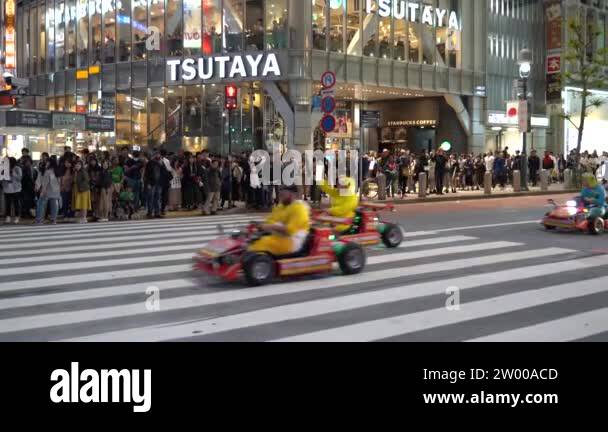 Mario kart running on Shibuya Crossing ( 4K UHD ). Tourist rent a Go ...