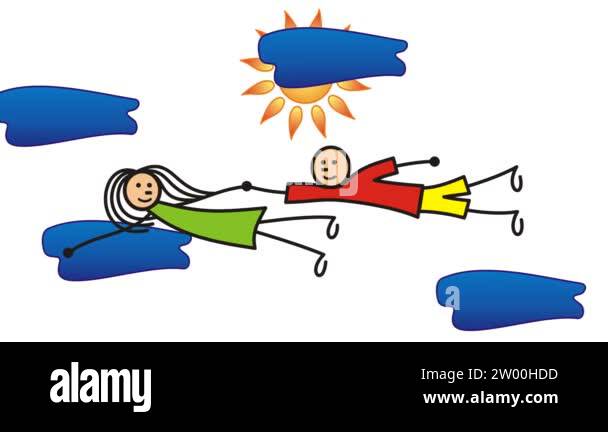 Cartoon boy and girl are hovering together holding hands. Magic fly ...