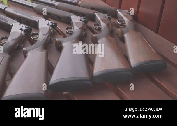 six hunting double-barreled shotguns are on the table in the dash Stock ...