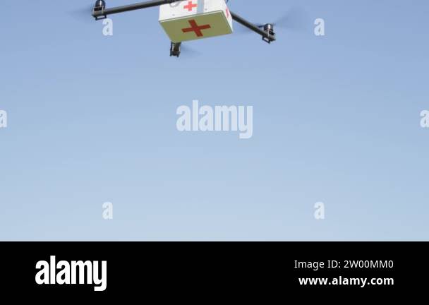 CLOSE UP: UAV aerial drone delivery. Multicopter flying with first aid ...