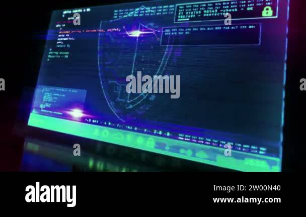 Cyber security message with shield symbol on futuristic computer screen with glitch effect ...