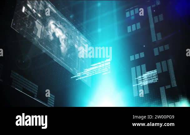 Digital animation of a screen filled with interface codes and graphs. The background has glowing ...