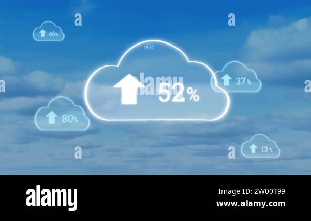 Digital animation of upload progress percentage in clouds with ...