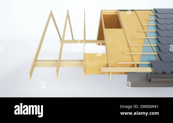 Roof construction in section, visible elements, rafters and insulation ...