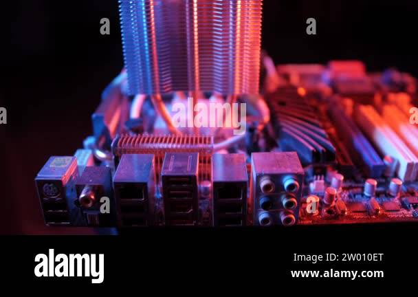 macro shooting of part of motherboard cooling system, slider moving ...