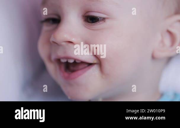 Little boy smiling open wide mouth show his toothless. Portrait of cute ...