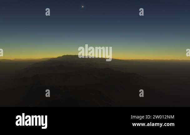 Sunset desert landscape with mountain silhouettes against fantastic ...