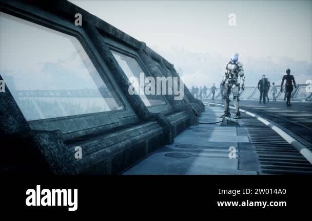 People and robots. Sci fi tonnel. Futuristic traffic. Concept of future ...