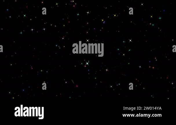 Abstract animated background with flickering moving color particles like stars in empty black ...