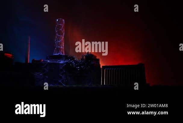 Creative artwork decoration. Chernobyl nuclear power plant at night ...