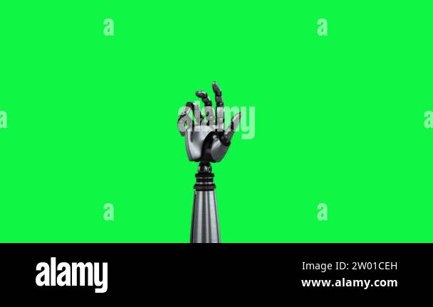 Digital animation of a robot arm rotating on a green background. The ...