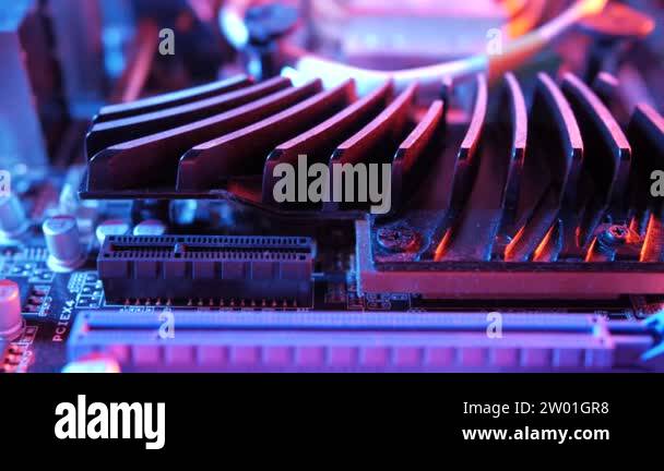 macro shooting of part of motherboard cooling system, slider moving ...