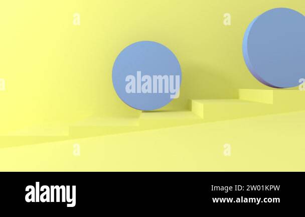 3d blue round objects roll down the yellow pastel stairs. 4K render ...