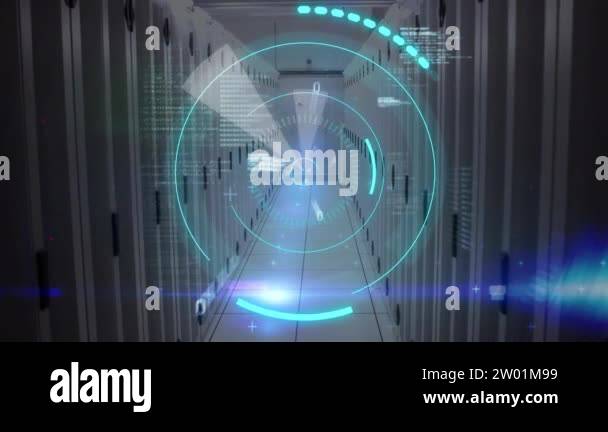 Digital animation of futuristic circles moving around 5G with background of a corridor with ...