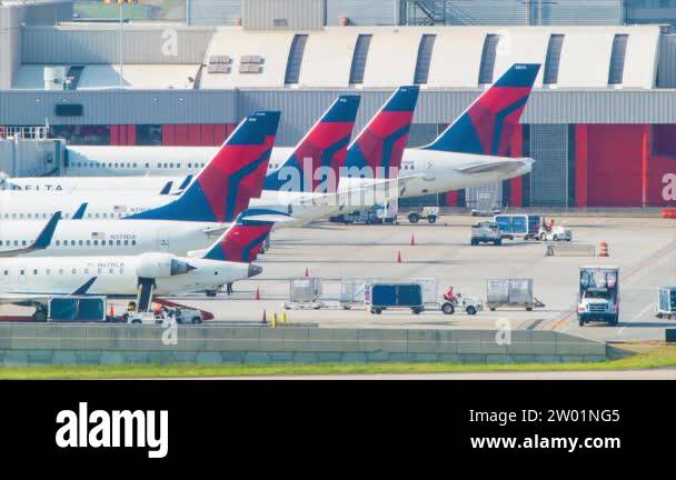 Delta Airlines Commercial Passenger Aircraft Lined-up at a Hartsfield ...