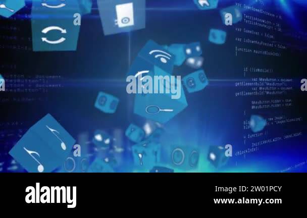 Digital animation of different online and application icons in blue ...